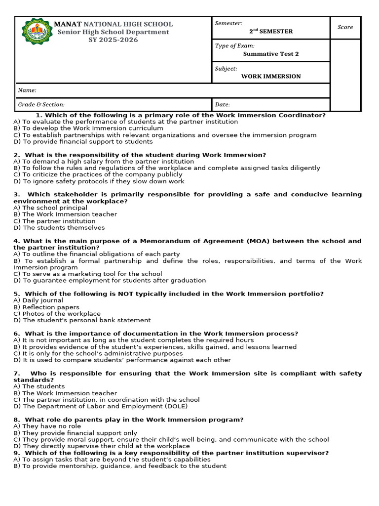 Work Immersion SUMMATIVE 2 | PDF | Teachers | Employment