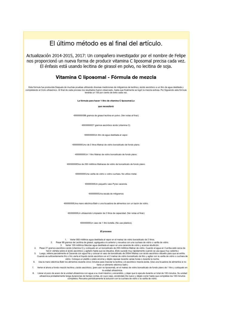 FÓRMULAS PARA VITAMINA C LIPOSOMAL dic 14_22 | PDF | Agua | Etanol