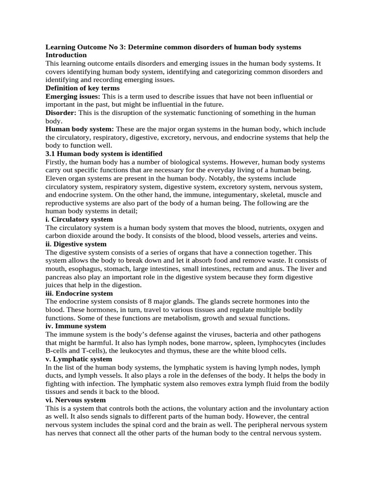 Learning Outcome No 3-Determine Common Disorders of Human Body Systems ...