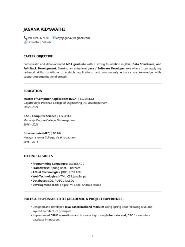 Jagana Vidyavathi - Resume | PDF | Java (Programming Language) | Databases