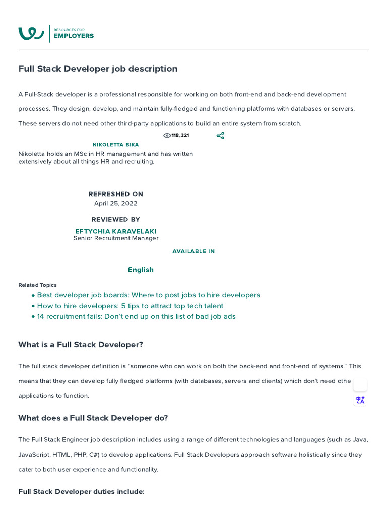 Full Stack Developer Job Description (+2024 TEMPLATE) | PDF | Java ...