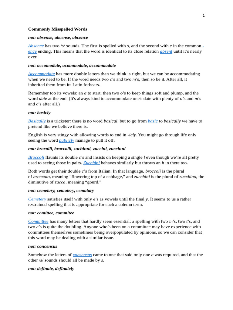 Commonly Misspelled Words | PDF | Spelling | Zucchini