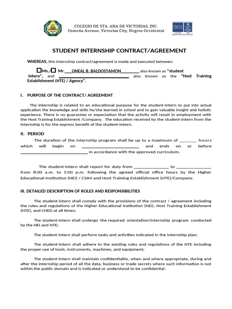 Student Contract | PDF | Internship | Job Hunting