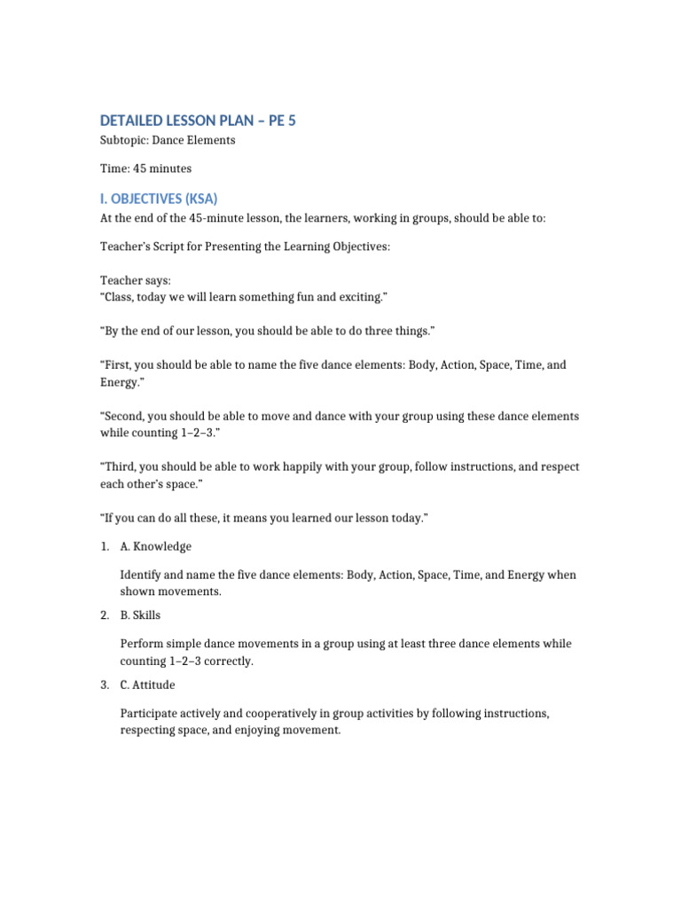 PE5 Dance Elements KSA Lesson Plan | PDF | Lesson Plan | Intelligence