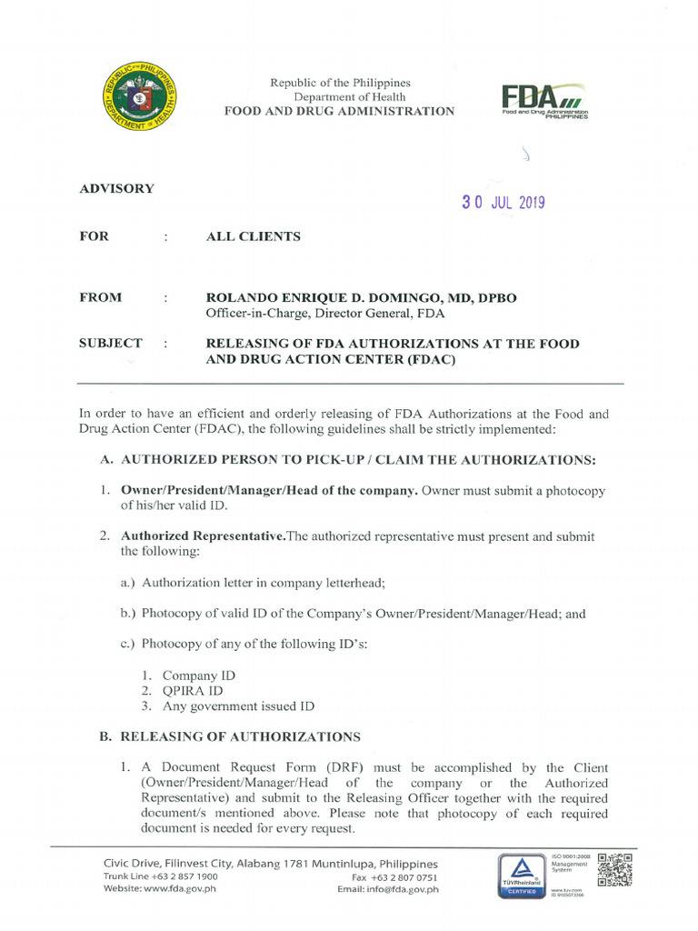 Advisory Releasing of FDA Authorizations at the Food and Drug Action ...