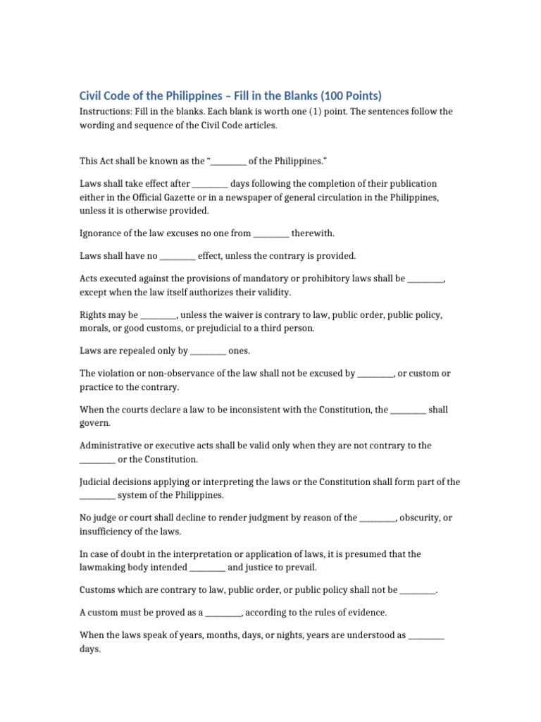 Civil Code 100 Points No Numbering Fill in The Blanks | PDF | Public ...