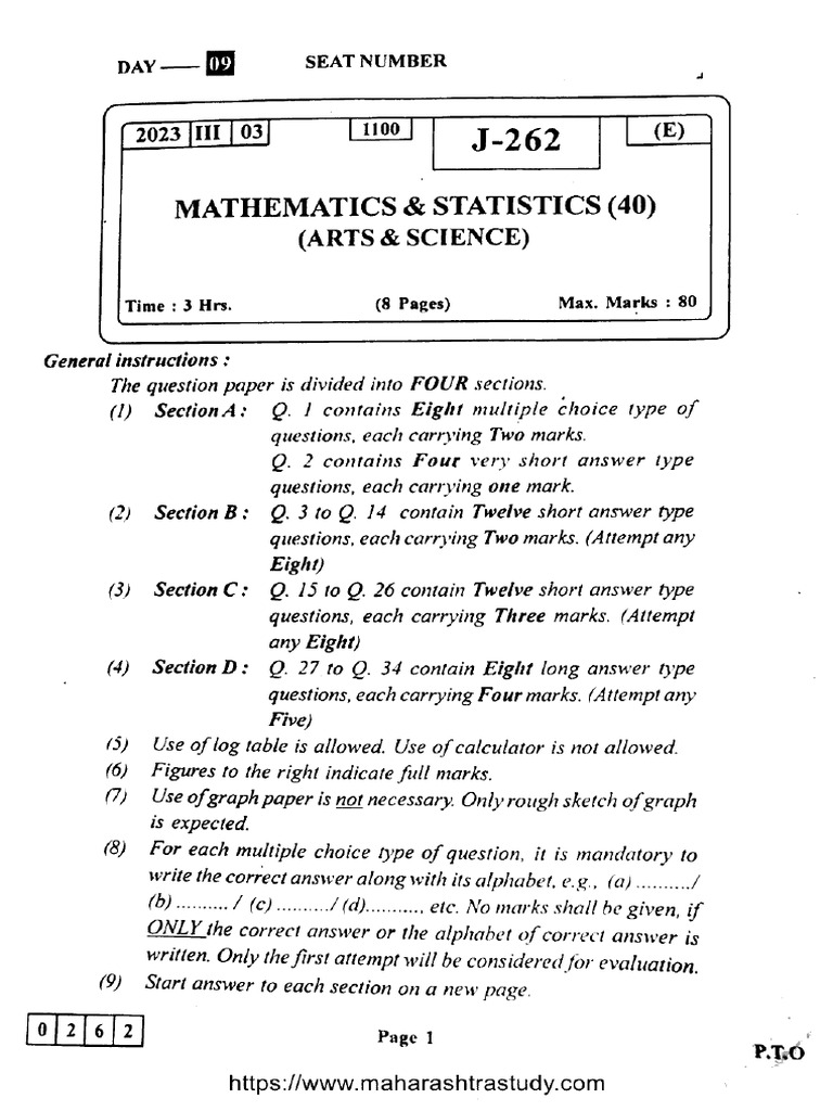 Mh Board Class 12 Mathematics and Statistics 40 j 262 2023 | PDF