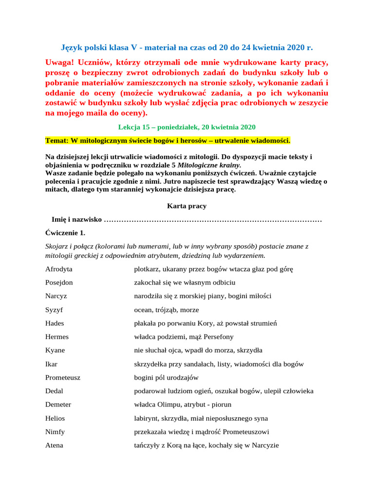 Jezyk Polski Klasa V - Nauczanie Zdalne | PDF
