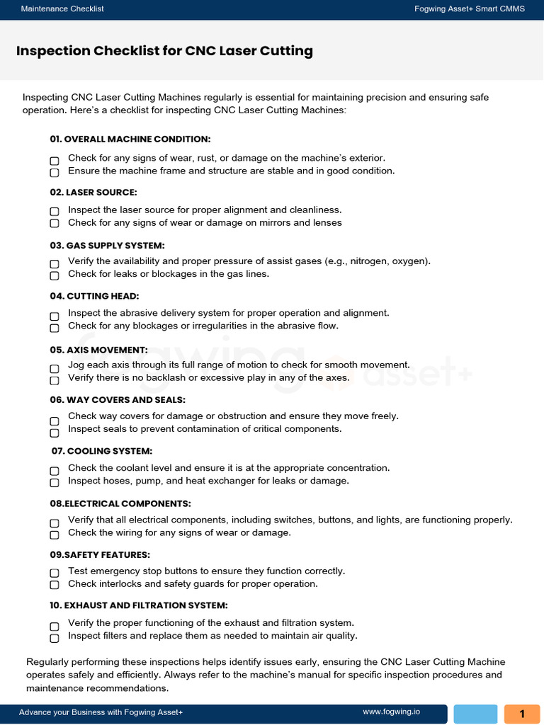 Inspection Checklist For CNC Laser Cutting | PDF | Leak | Gases