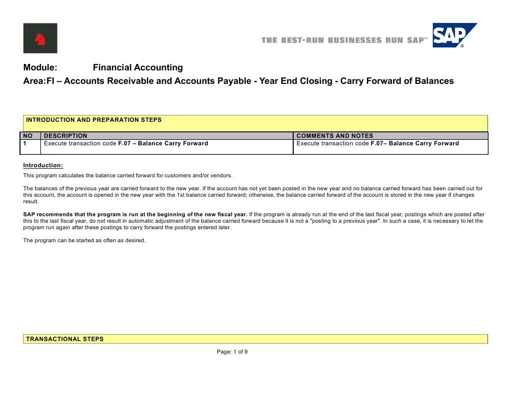 SAP F.07 Tutorial: Balance Carry Forward | Business Process | Accounting