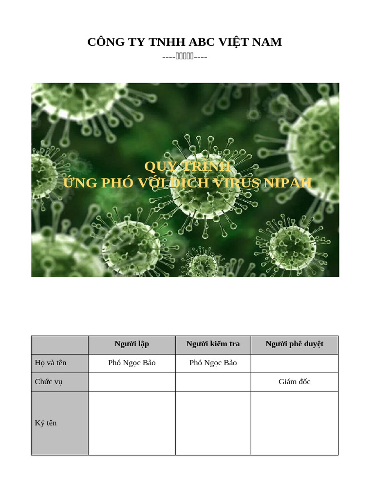 QUY TRÌNH ỨNG PHÓ VỚI DỊCH VIRUS NIPAH | PDF
