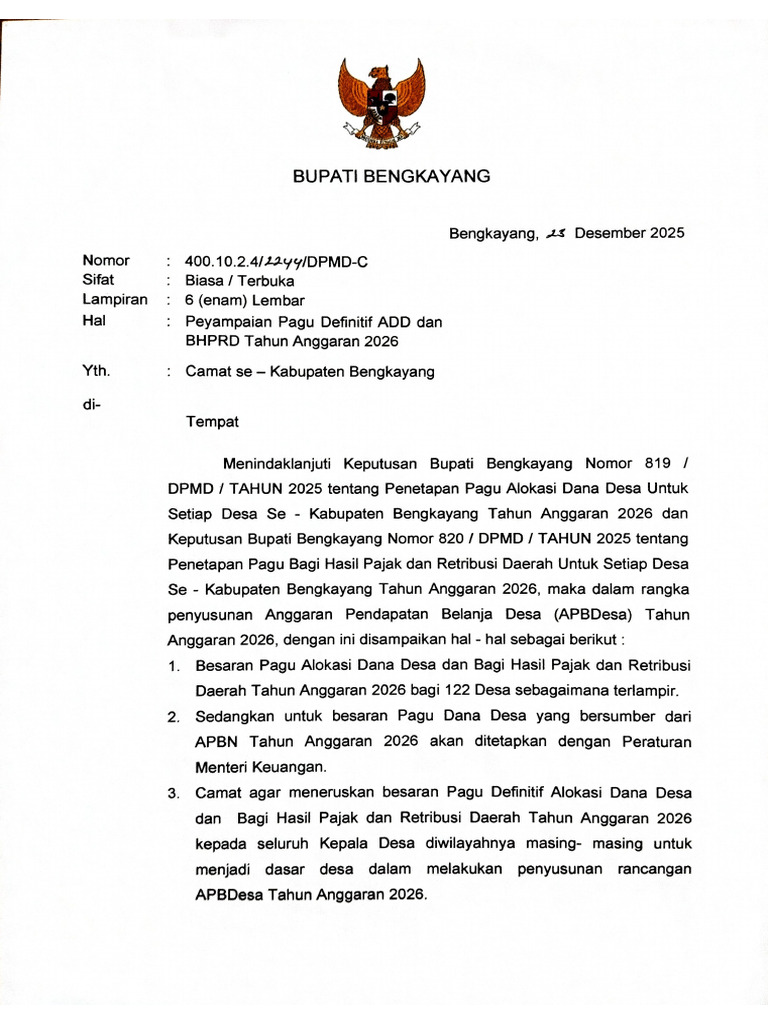 Surat Pagu ADD Dan BHP Tahun 2026 | PDF