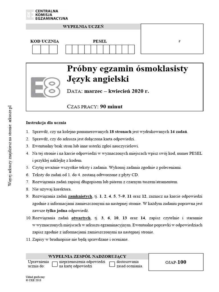 Jezyk Angielski 2020 Kwiecien Egzamin Osmoklasisty Probny | PDF