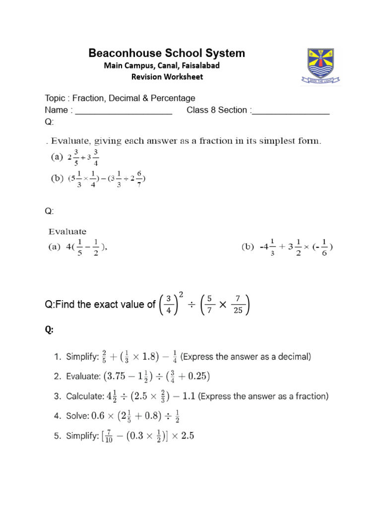 Fraction, Decimal & Percentage Worksheet 2 8th | PDF | Pound Sterling ...