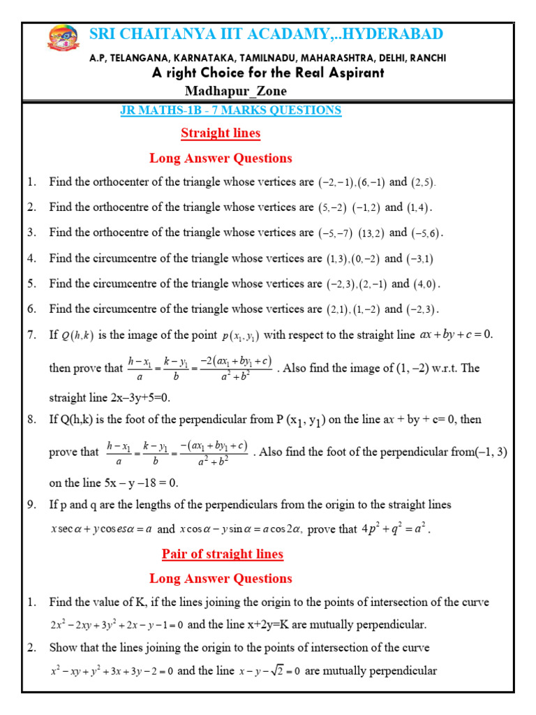 Straight Lines - Pair of Straight Lines - Question Paper | PDF ...