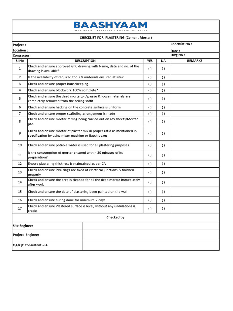 Checklist For Plastering Works | PDF | Mortar (Masonry) | Structural ...