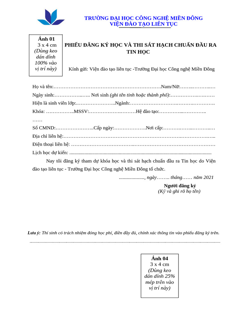 Phieu Dang Ky Hoc Va Thi Tinhoc(2021) | PDF