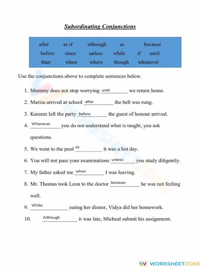 Subordinating Conjunctions Grammar Worksheet | PDF