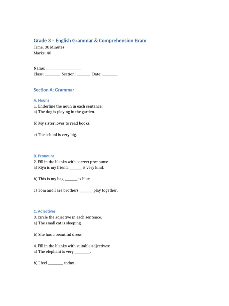 Grade 3 Grammar Comprehension Exam-1 | PDF | English Grammar ...