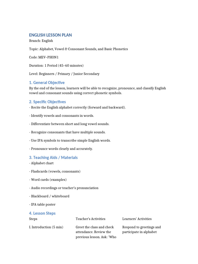 English Lesson Plan Alphabet and Phonetics | PDF | Consonant | Vowel