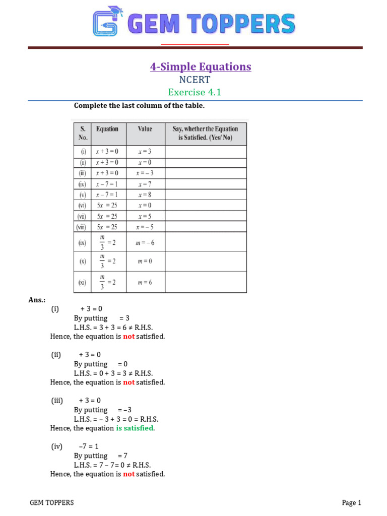 7 - Maths 4-Simple Equations Ex 4.1 | PDF | Angle | Triangle