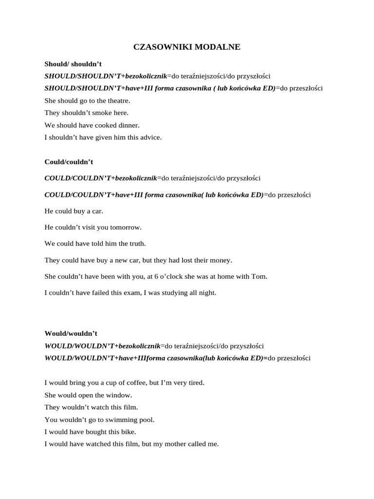 CZASOWNIKI MODALNE,Can,Must,Mustn't,Would,Should | PDF