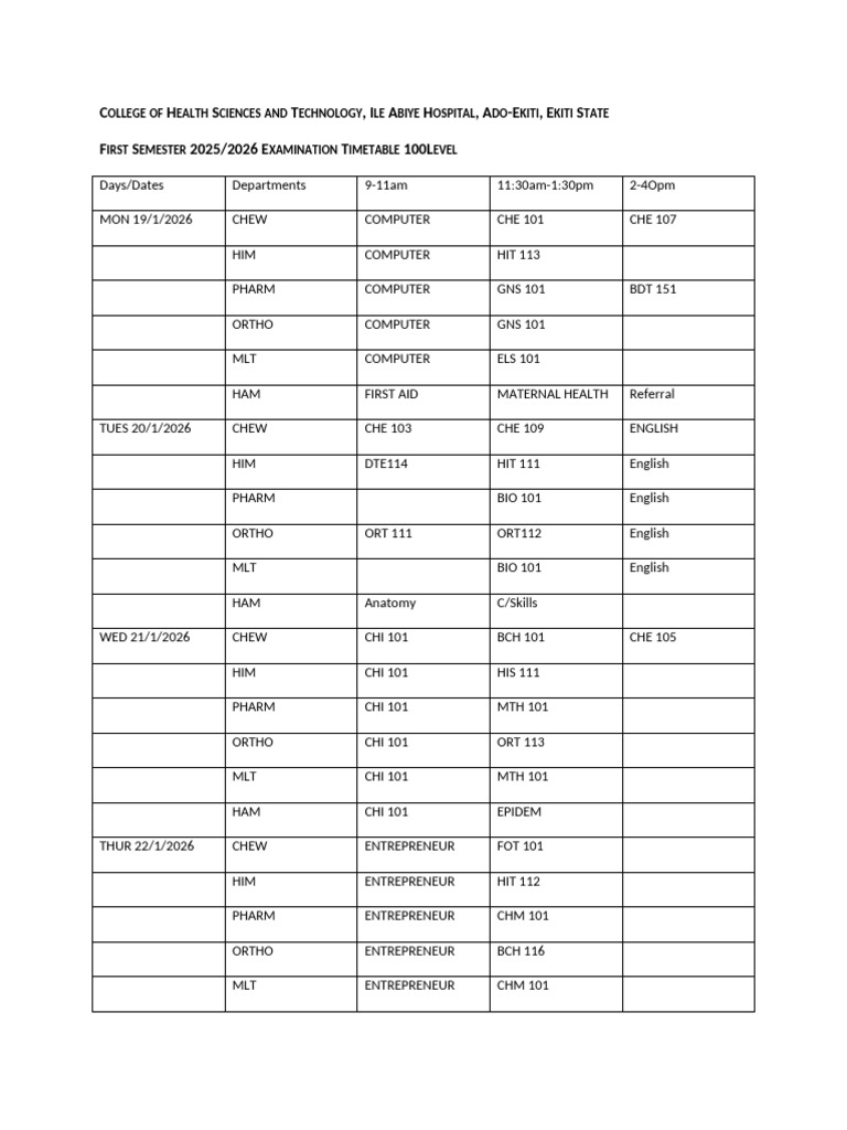 Timetable 1ST Semester Exam | PDF