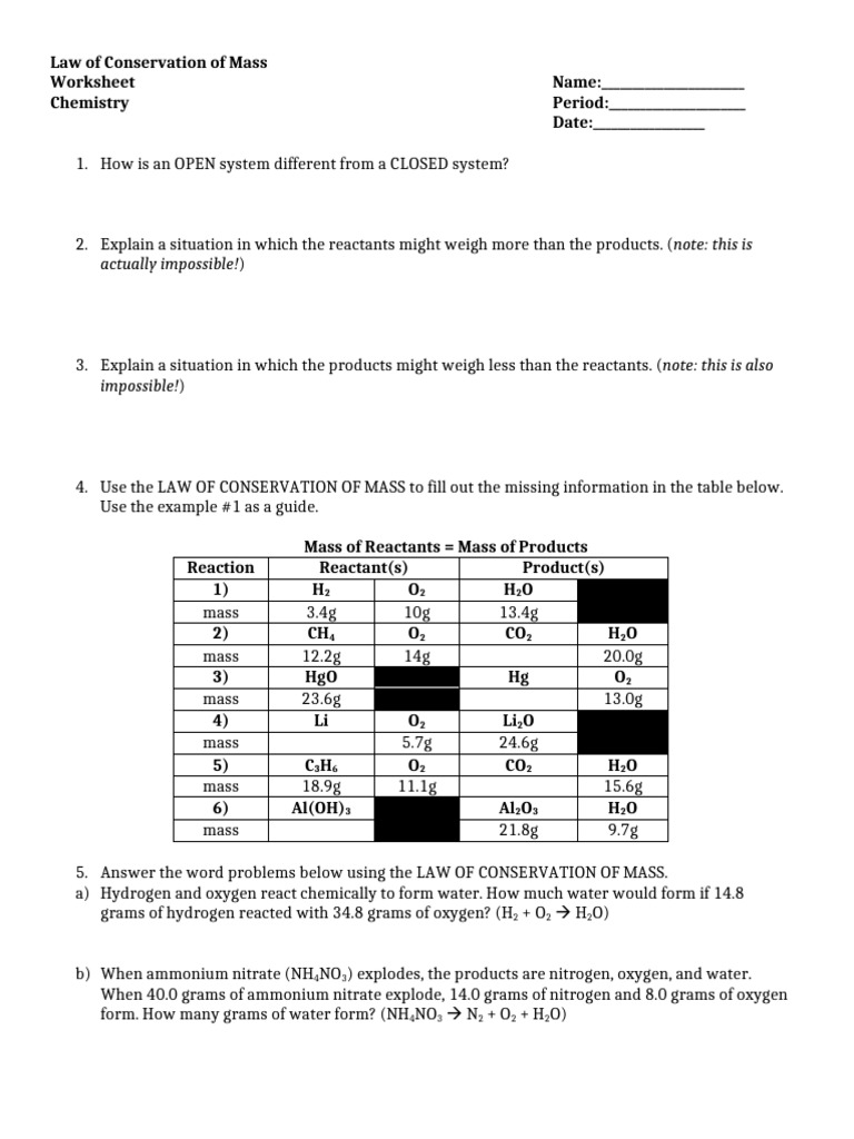 Worksheet - Law of Conservation of Mass (2) | PDF | Atoms | Physical ...
