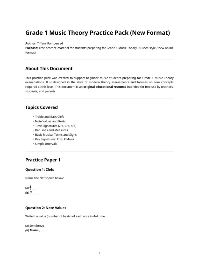 Grade 1 Music Theory Practice Pack (New Format) | PDF | Music Education ...