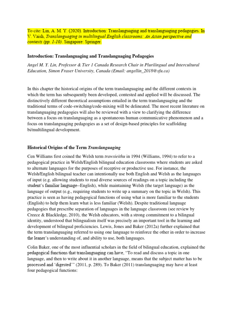 Chapter 1 Introduction Translanguaging A | PDF | Multilingualism | Pedagogy