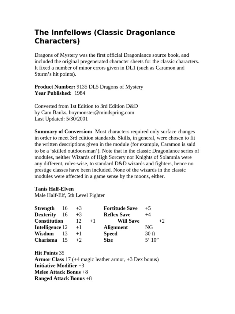 Classic Dragonlance Characters | PDF | Gary Gygax Games | D20 System