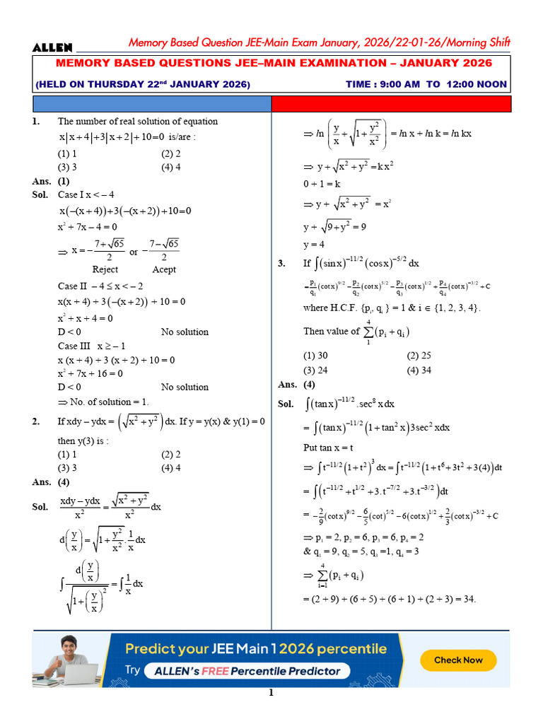 Jee (Main) Maths 22-01-26 (Shift-1) Que & Sol (Allen) | PDF ...