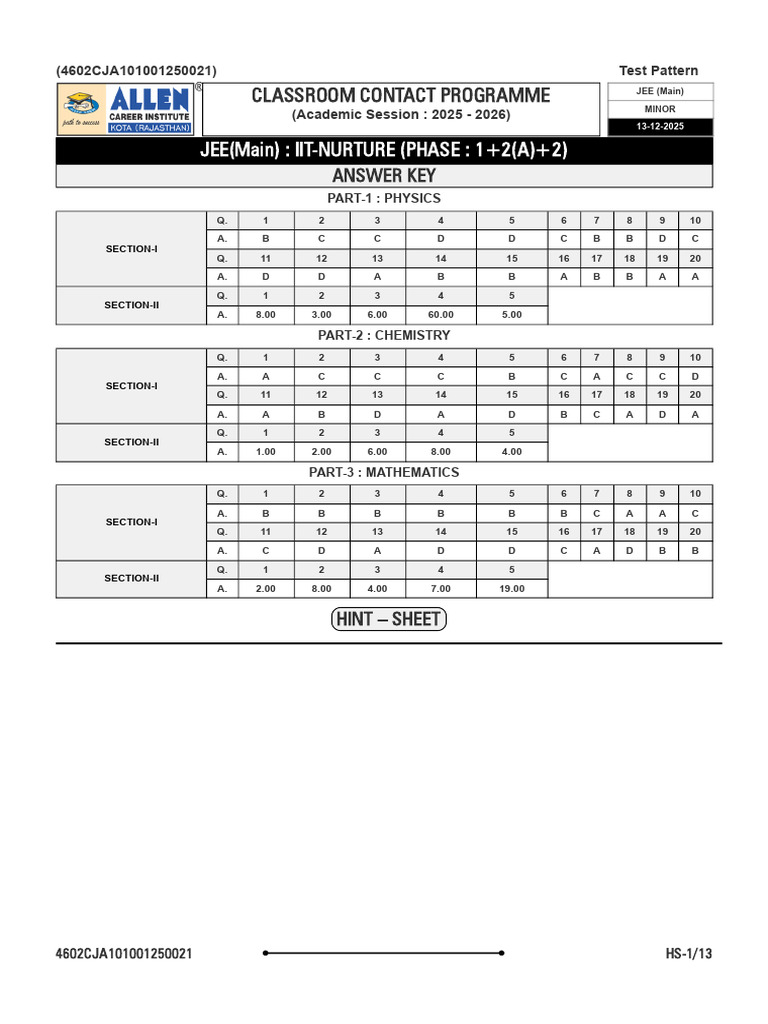 A&s Regular Minor Test 5 P 1+2 (A) +2 Nurture Jee Main 13-12-2025 f1 ...