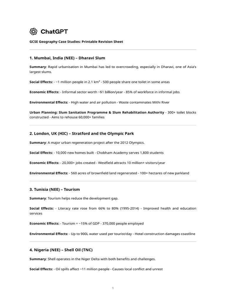 Gcse Geography Case Studies | PDF | Agriculture | Slum