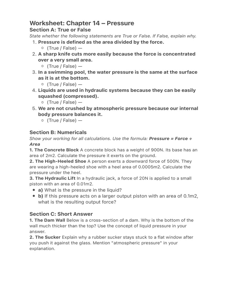 Worksheet: Chapter 14 - Pressure | PDF