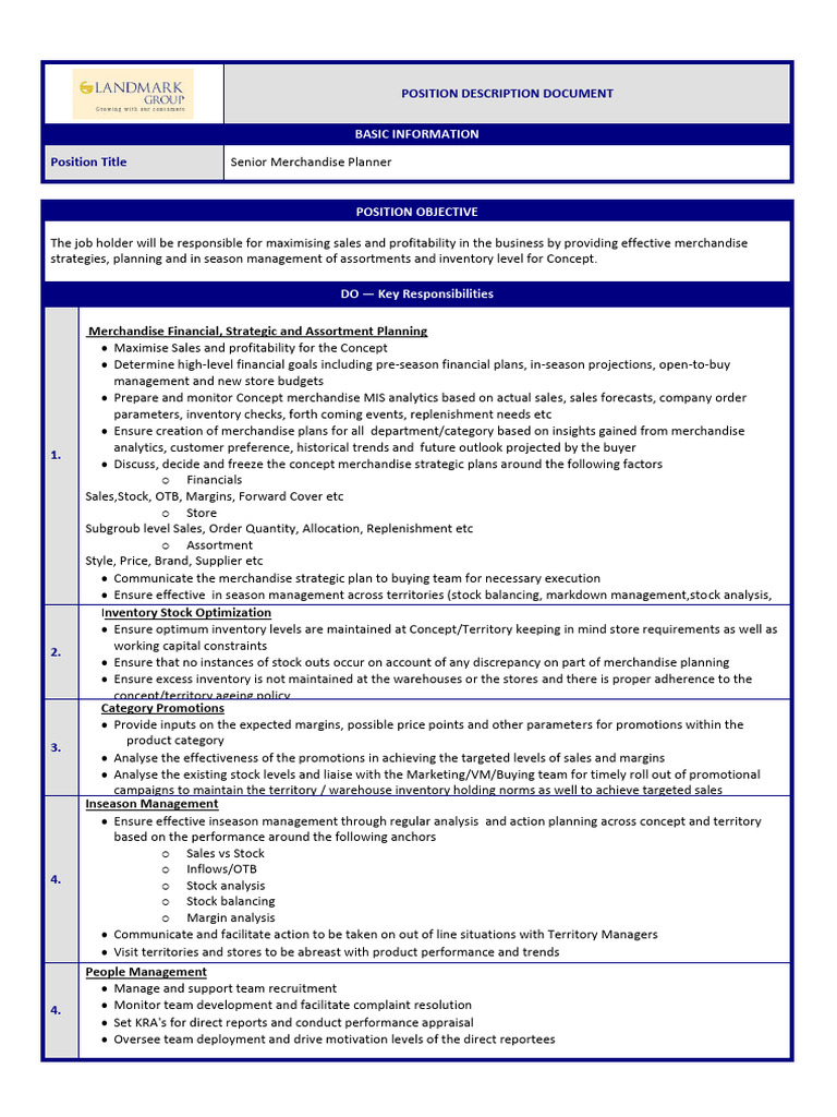 JD - Senior Merchandise Planner-1 | PDF | Merchandising | Strategic ...