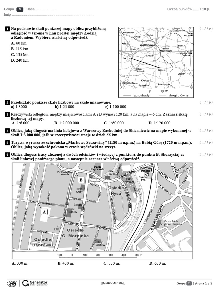 Kartkówka – rozdział I. Mapa i skala Test (z widoczną punktacją) | PDF