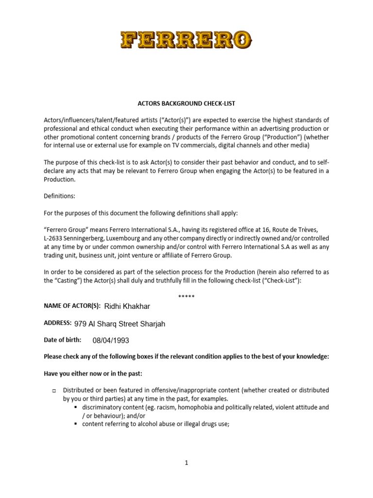 Actors Background Check-List Ferrero 50 | PDF | Chocolate | Desserts