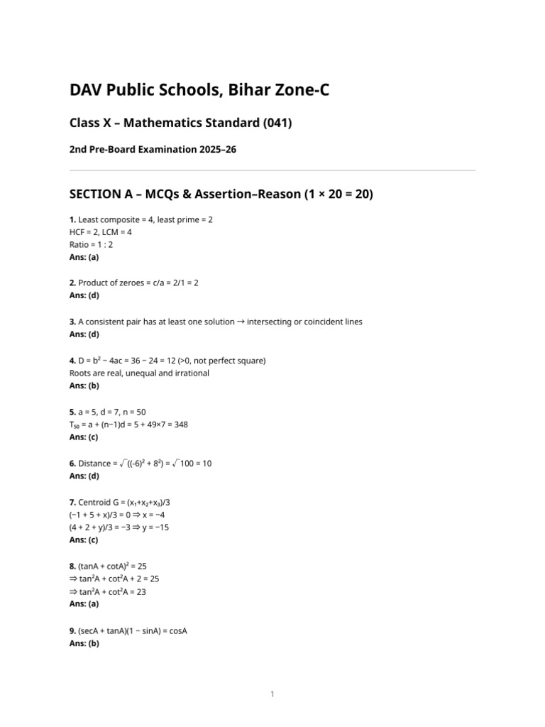 Mathematics Standard - Answer Key With Step-Wise Solutions | PDF ...