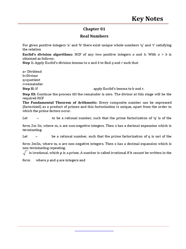 10 Maths Key Notes CH 01 Real Numbers | PDF
