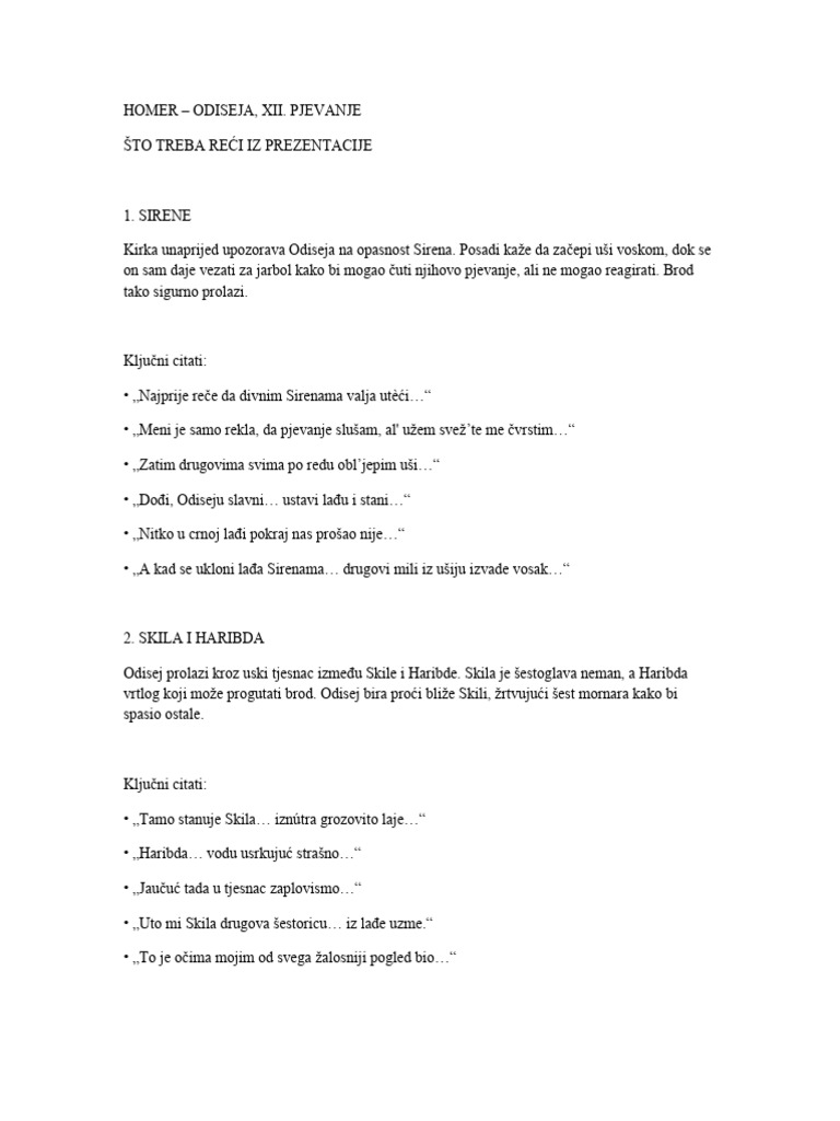 Odiseja 12 Pjevanje Tekst | PDF