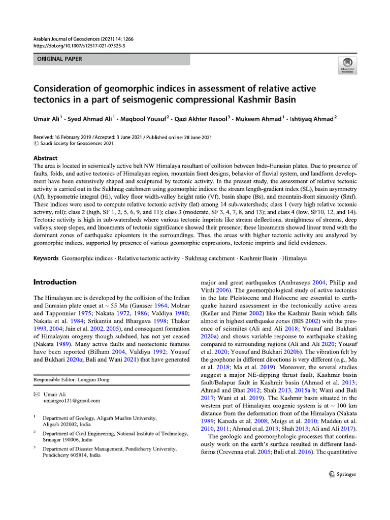 Geomorphic Indices of Sukhnag River, Kashmir | PDF