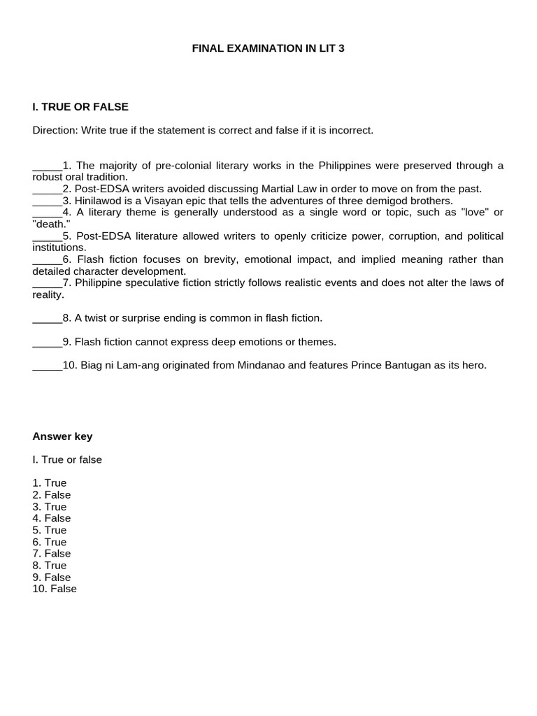 Final Examination in LIT 3 BEV | PDF
