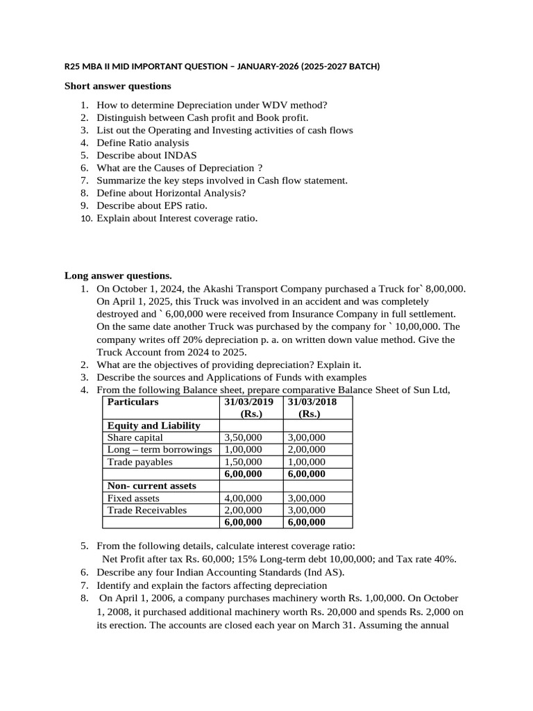 r25 Mba II Mid Important Questions | PDF | Balance Sheet | Depreciation