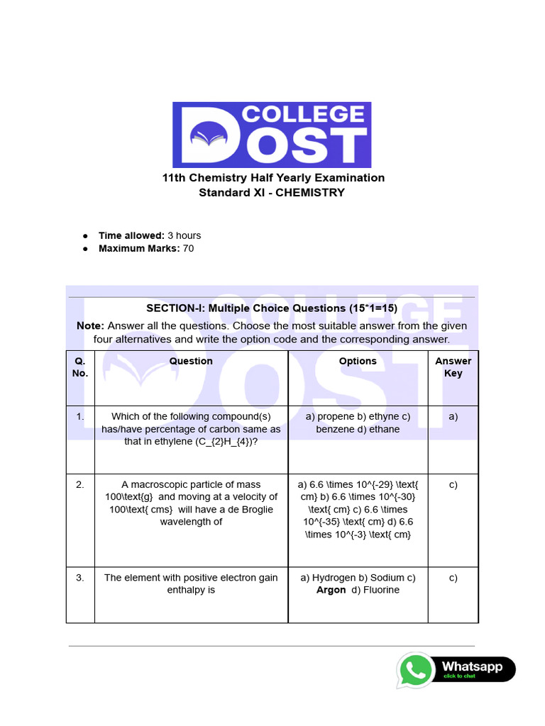 TN Class 11 Chemistry Half Yearly Model Papers | PDF | Gases | Osmosis