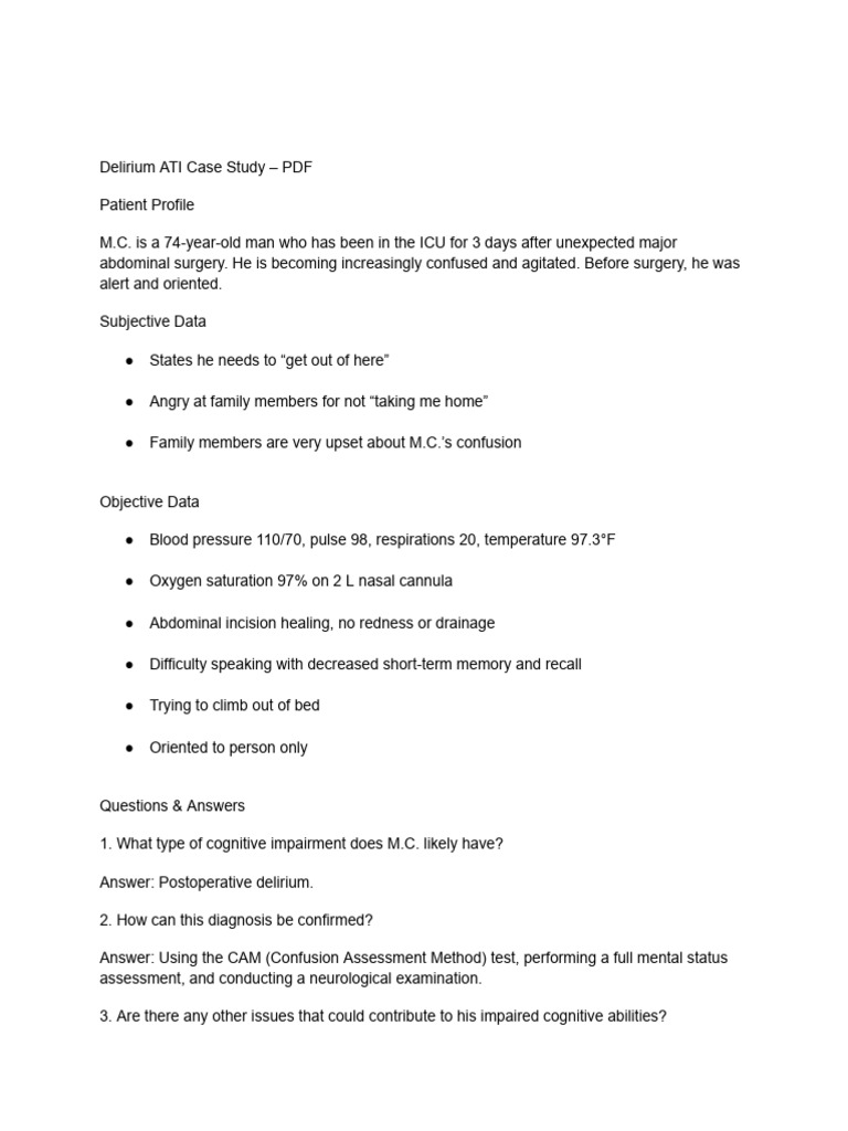 Ati Delirium Case Study | PDF | Urinary Tract Infection | Health Care