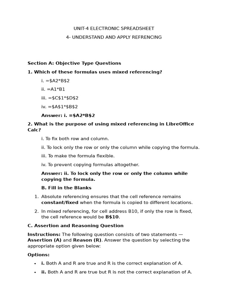 Unit-4 Electronic Spreadsheet (4 - Understand and Apply Referenceing ...