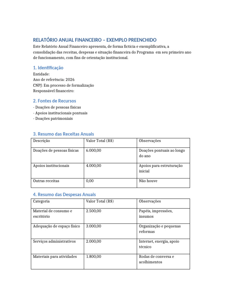 Relatorio Anual Financeiro Exemplo Preenchido | PDF | Economias