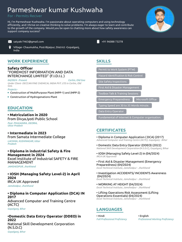 Parmeshwar (Permits Reciver Resume) | PDF | Emergency Management ...
