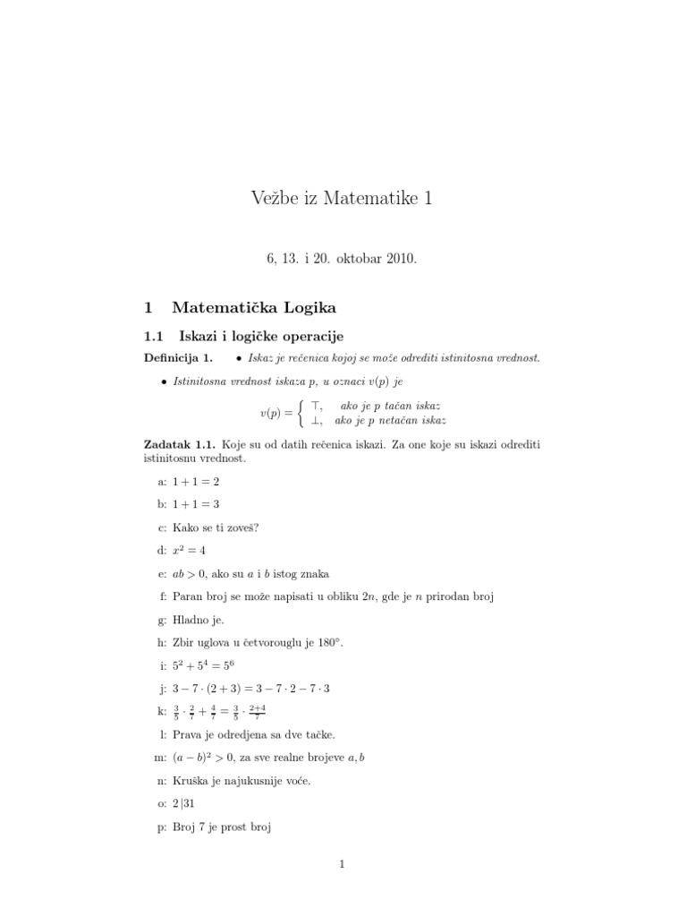 Matematika 1 Vezbe Logika | PDF